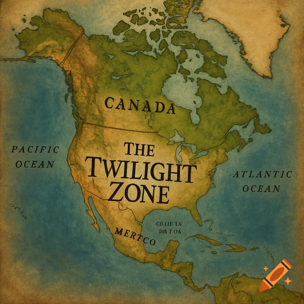 A vintage-style map of North America labeled with 'THE TWILIGHT ZONE ...