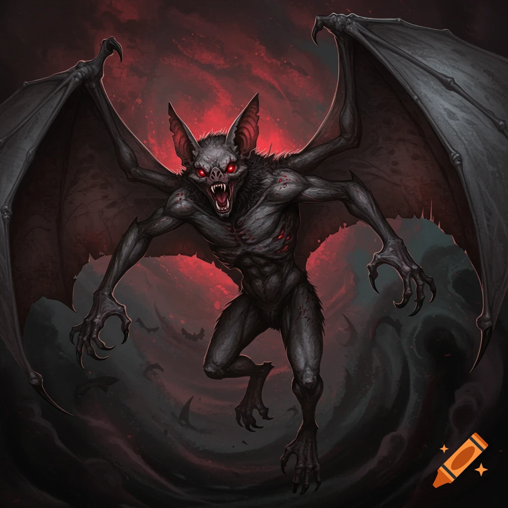 A monstrous bat-like demon creature with red eyes and claws, standing ...