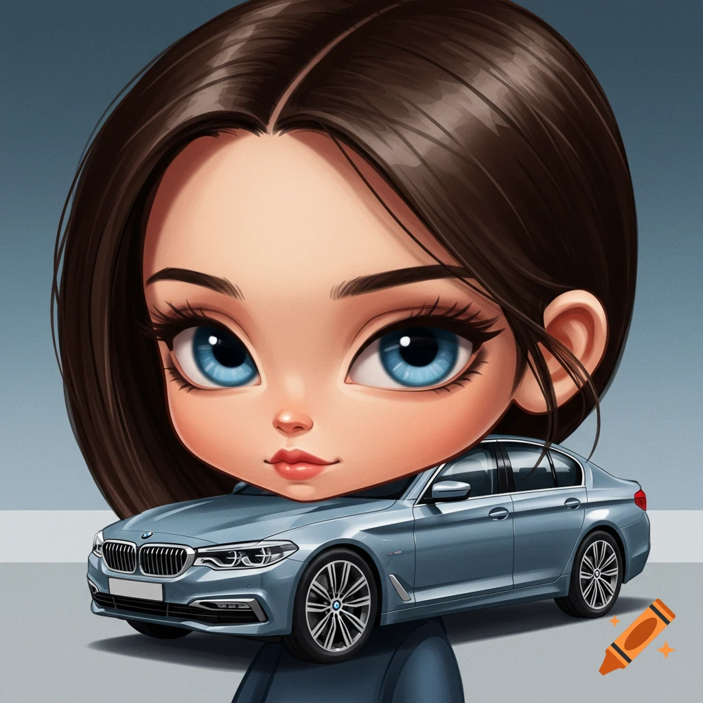 Illustration of a cute big-eyed cartoon girl merged with a blue BMW 5 ...