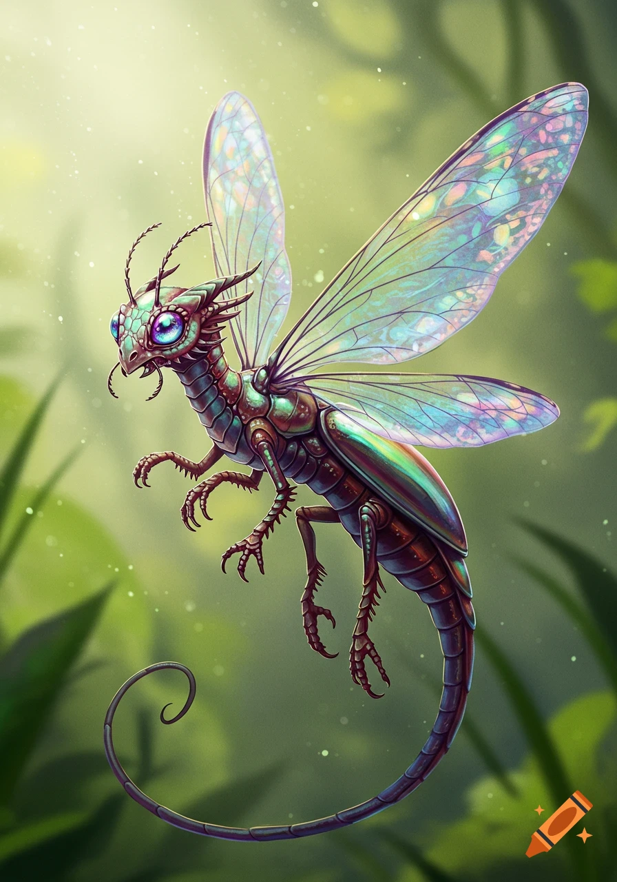Detailed digital painting of a fantasy creature resembling a dragonfly ...