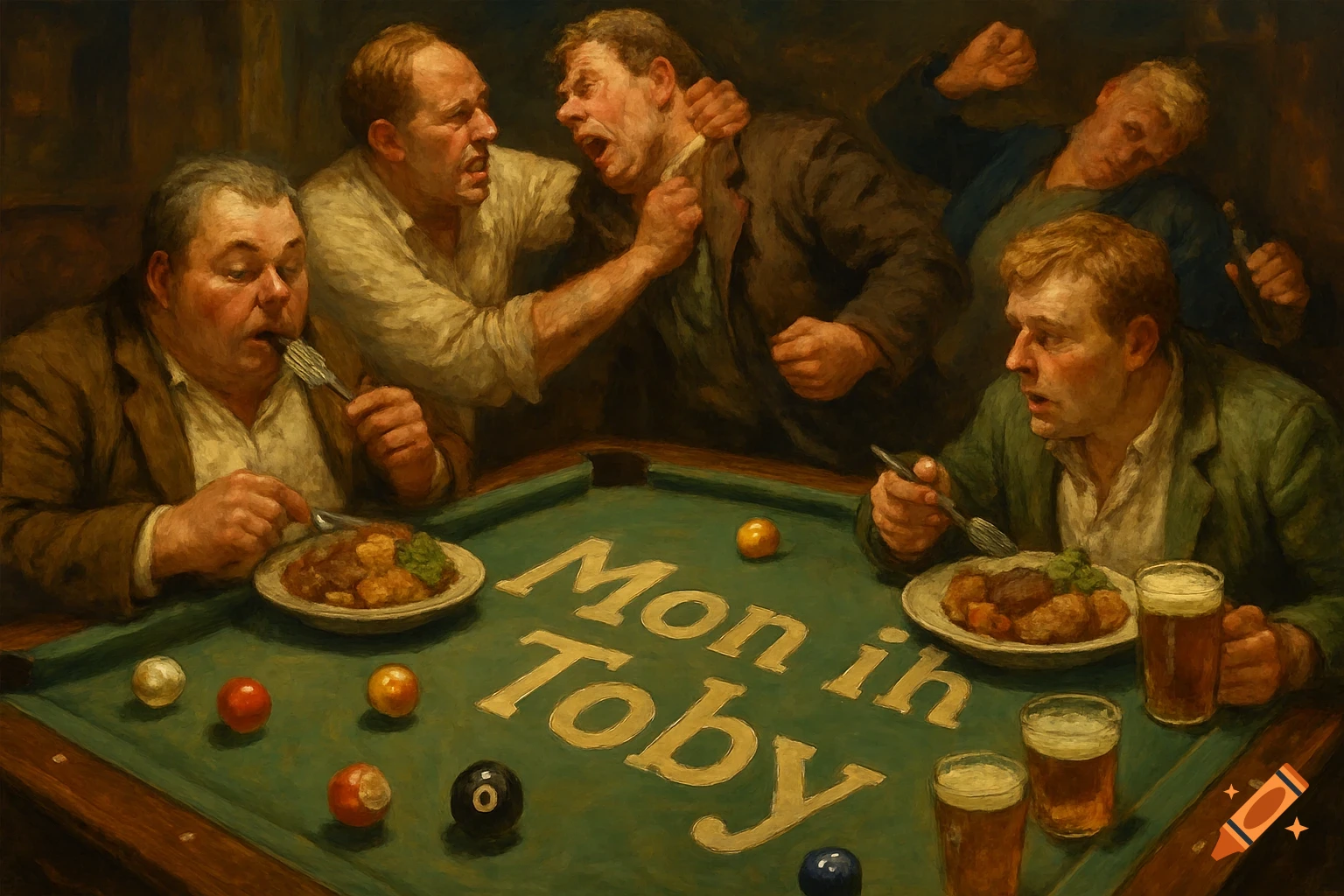 Painting of men eating, drinking, and fighting around a pool table in a ...