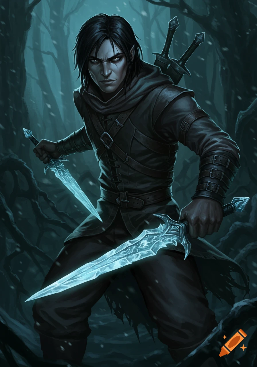 A dark-haired elf-like rogue holds two glowing ice daggers in a snowy ...