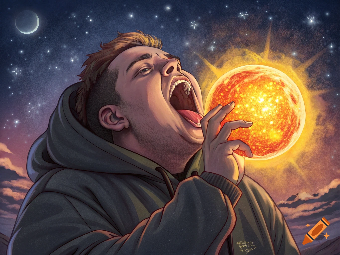 Illustration of a man attempting to eat the sun in a starry night sky ...