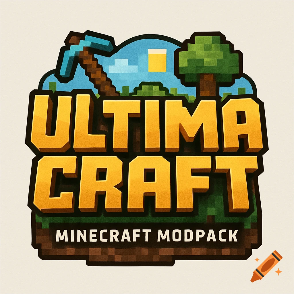 Pixel art logo for UltimaCraft Minecraft Modpack featuring text, a ...