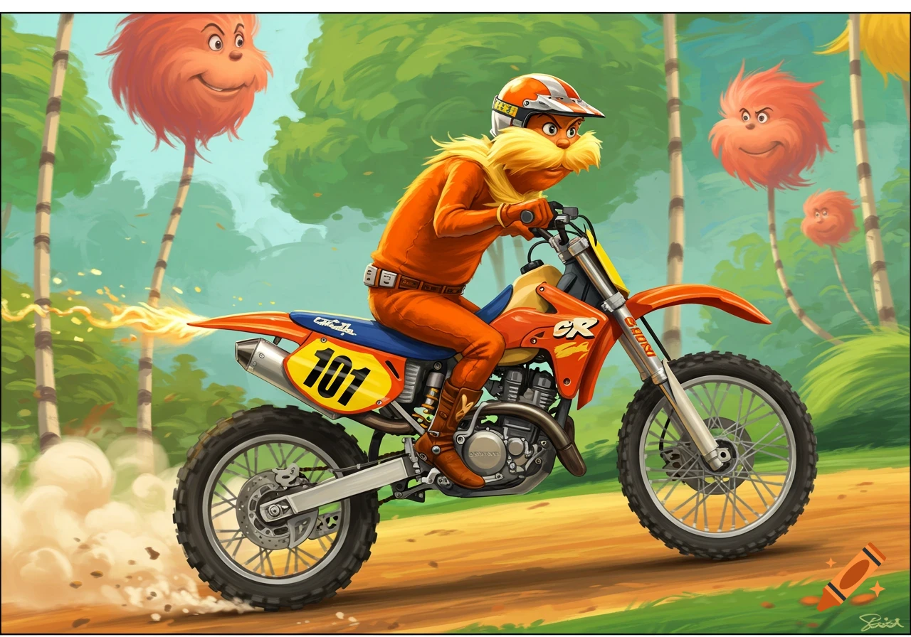 The Lorax rides a dirt bike through a forest with Truffula Trees. on ...