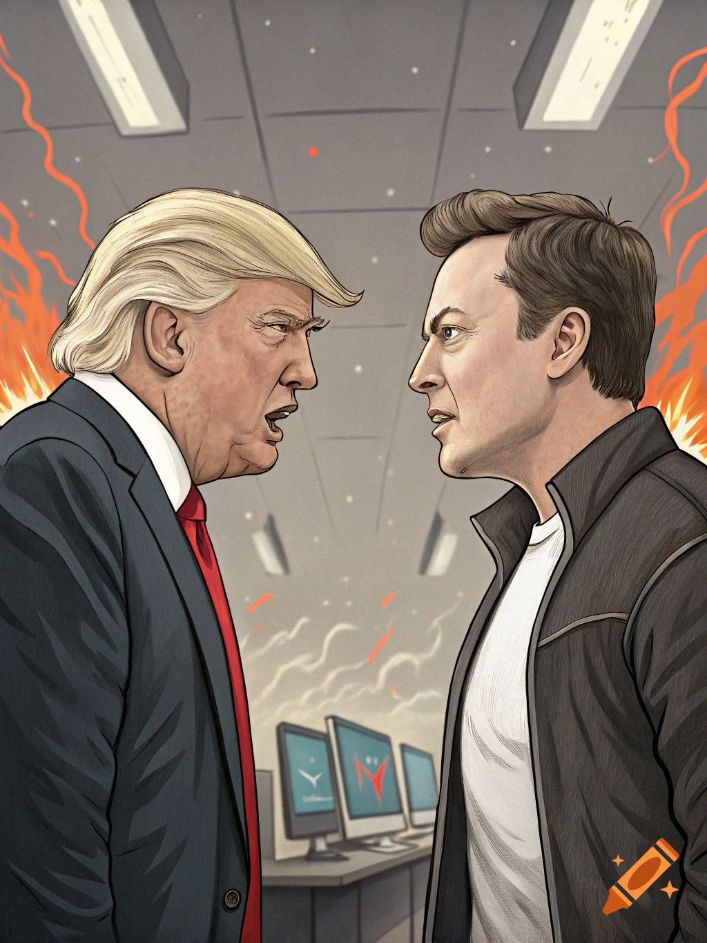 Caricatures of Donald Trump and Elon Musk facing each other in a ...