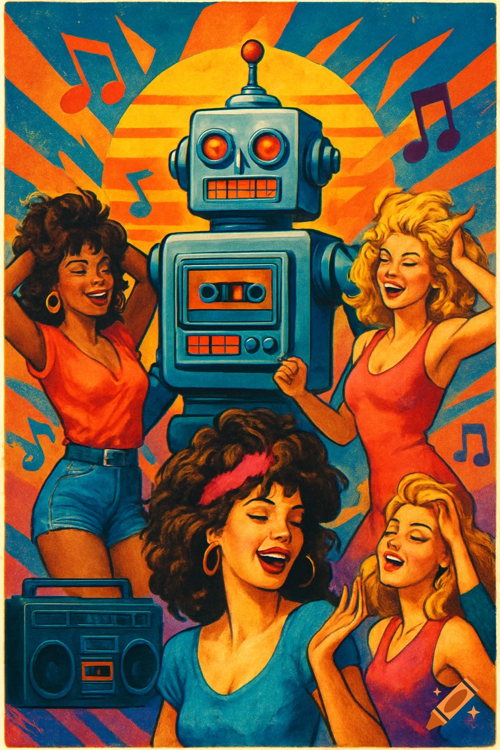 80s style poster of a robot and women dancing with music notes and a ...