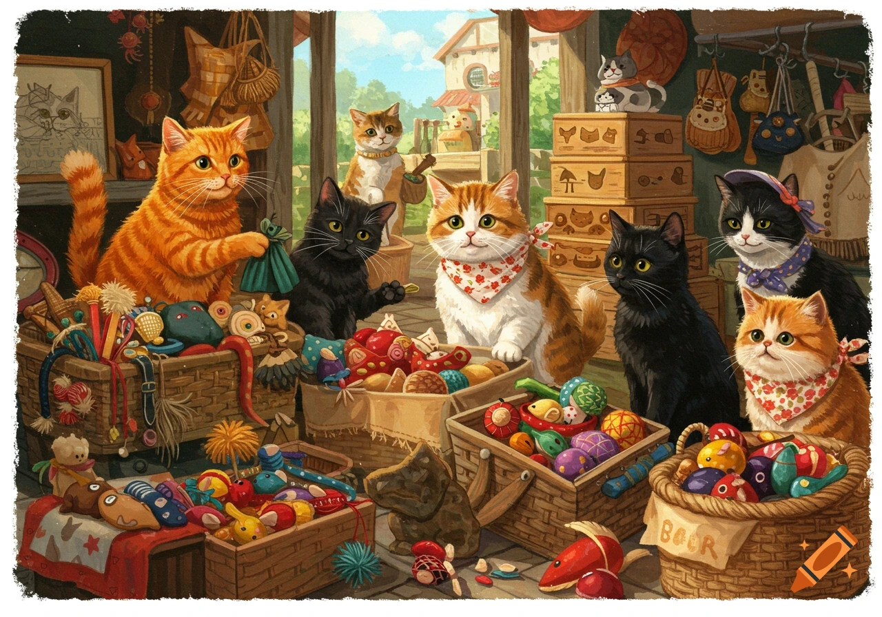 A group of cats shopping at a busy flea market with many items in ...