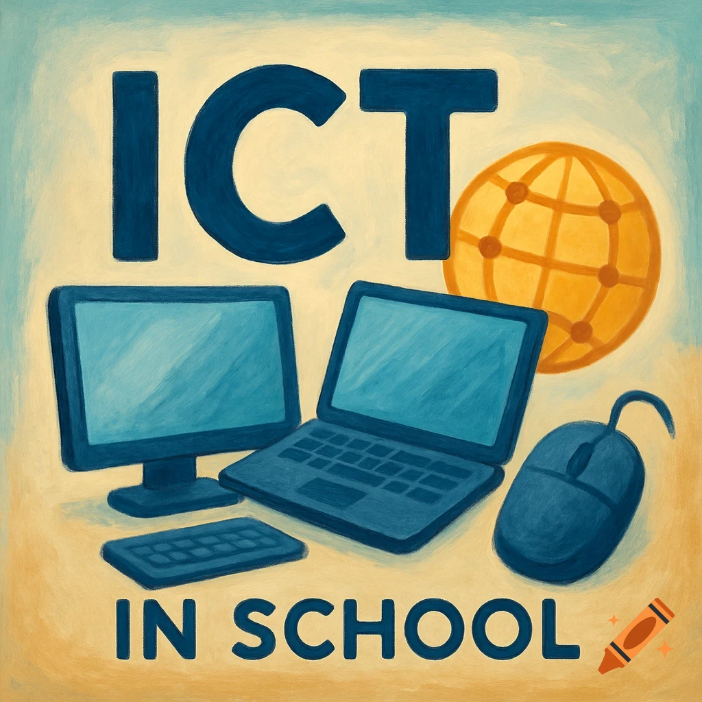 Painted illustration logo for ICT in school featuring computers, a ...