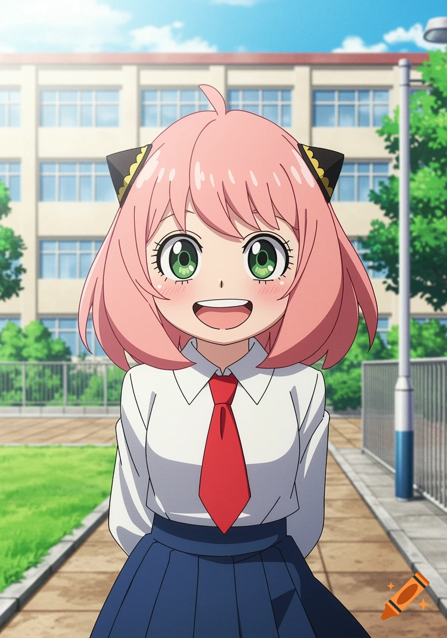 Anya Forger from Spy x Family smiles in front of a school building. on ...