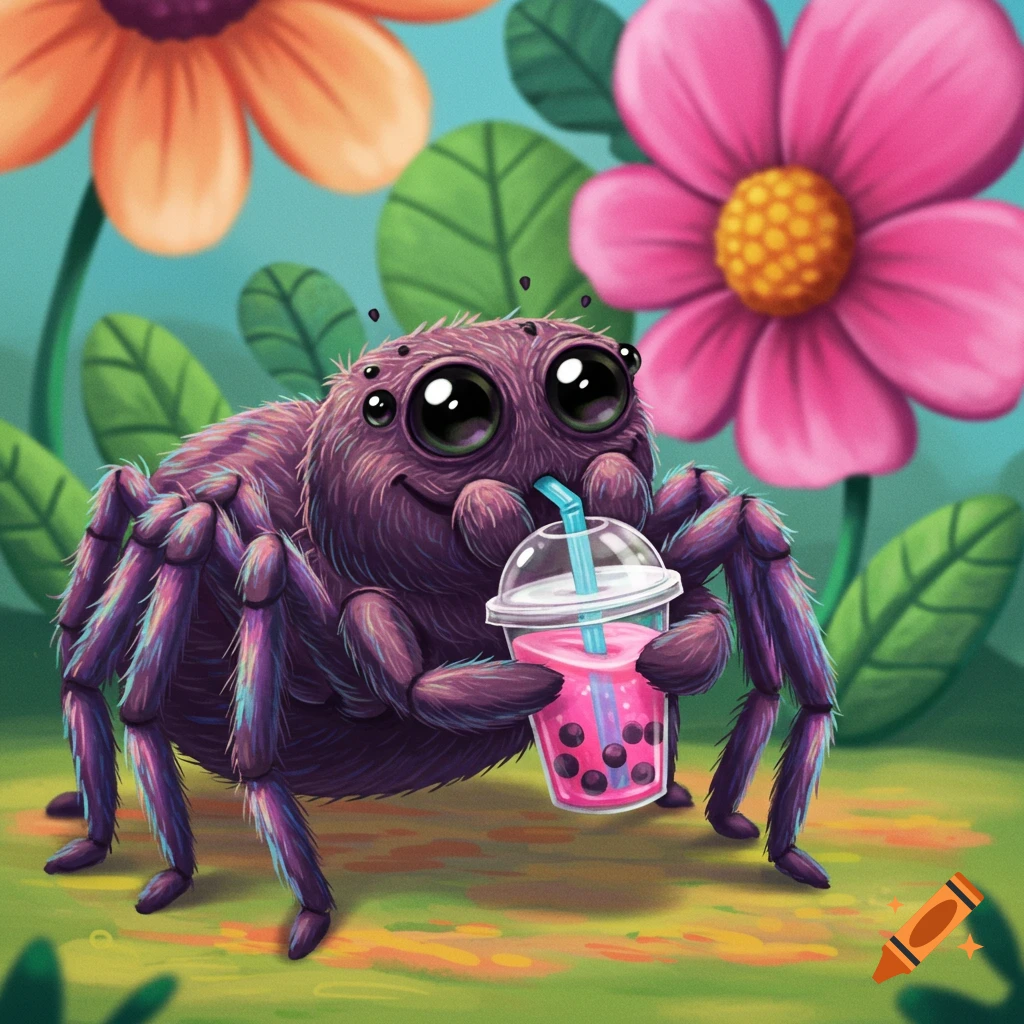 A cute purple spider drinks boba tea through a straw surrounded by ...