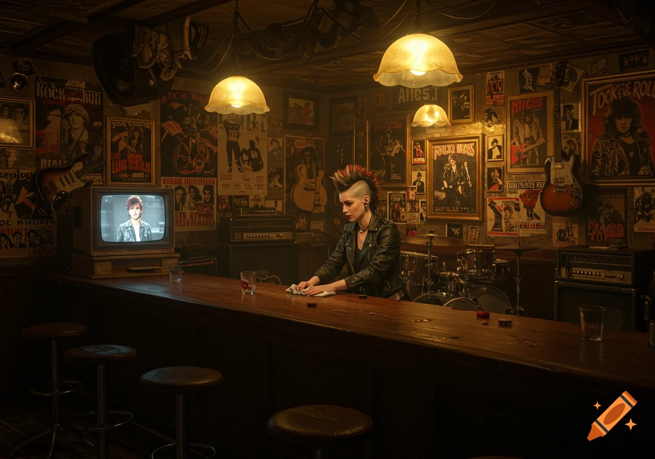 Punk bartender wipes counter in bar filled with rock and roll posters and instruments. on Craiyon
