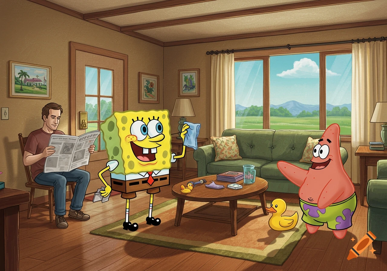 SpongeBob and Patrick interact with a man in a living room. SpongeBob holds a cloth, Patrick ...