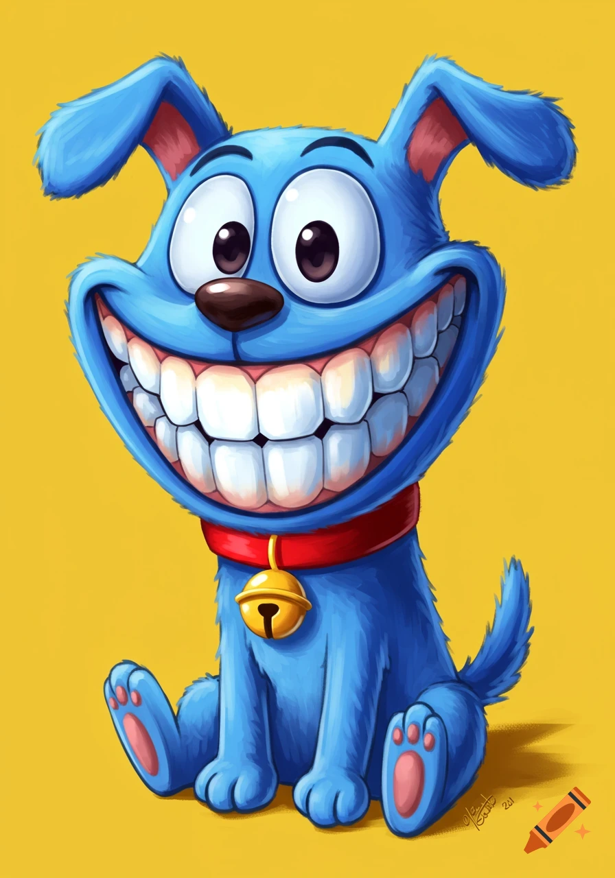 A blue cartoon dog with a very wide smile and large white teeth ...