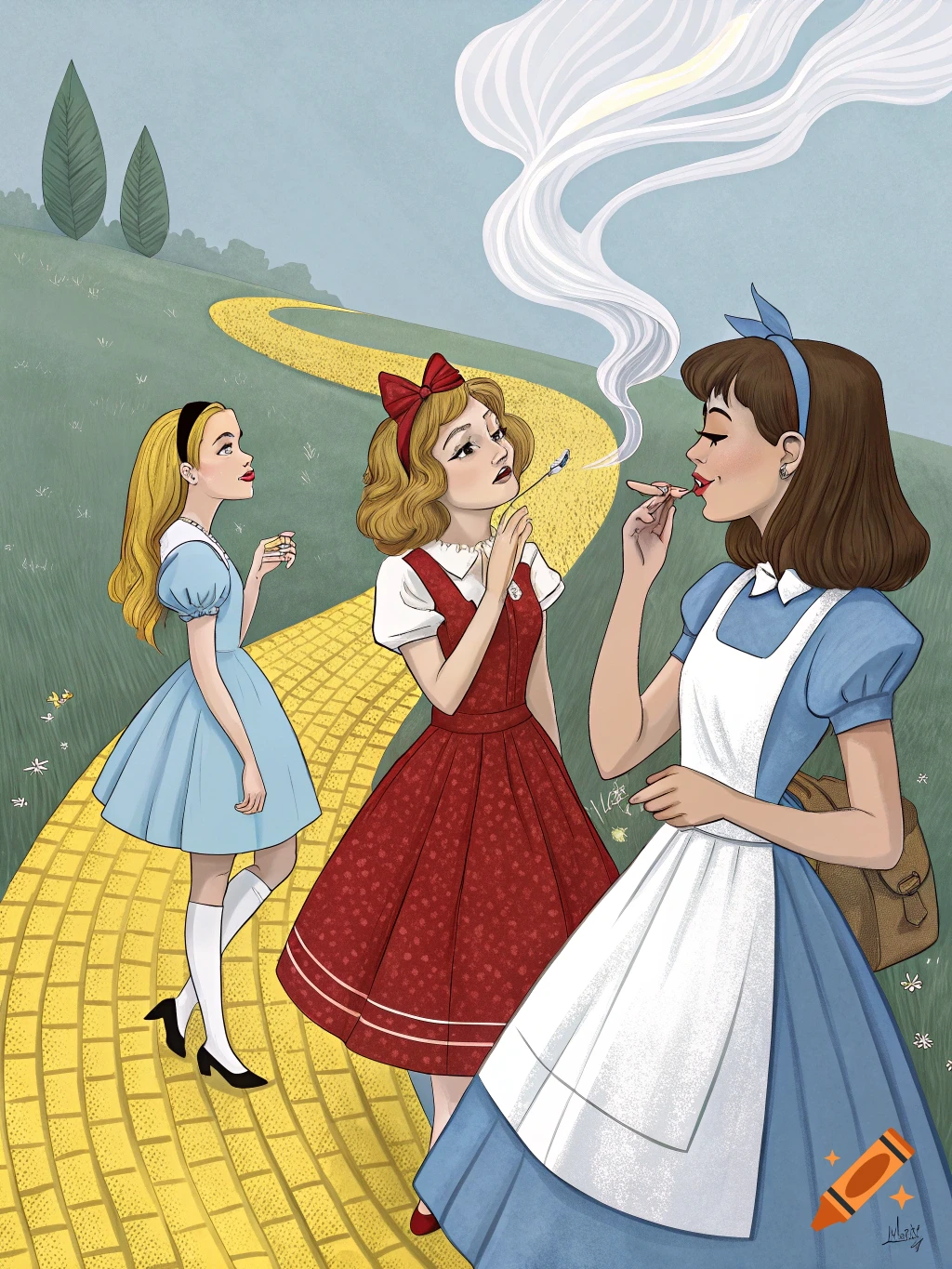Illustration of three female characters resembling Alice, Dorothy, and ...