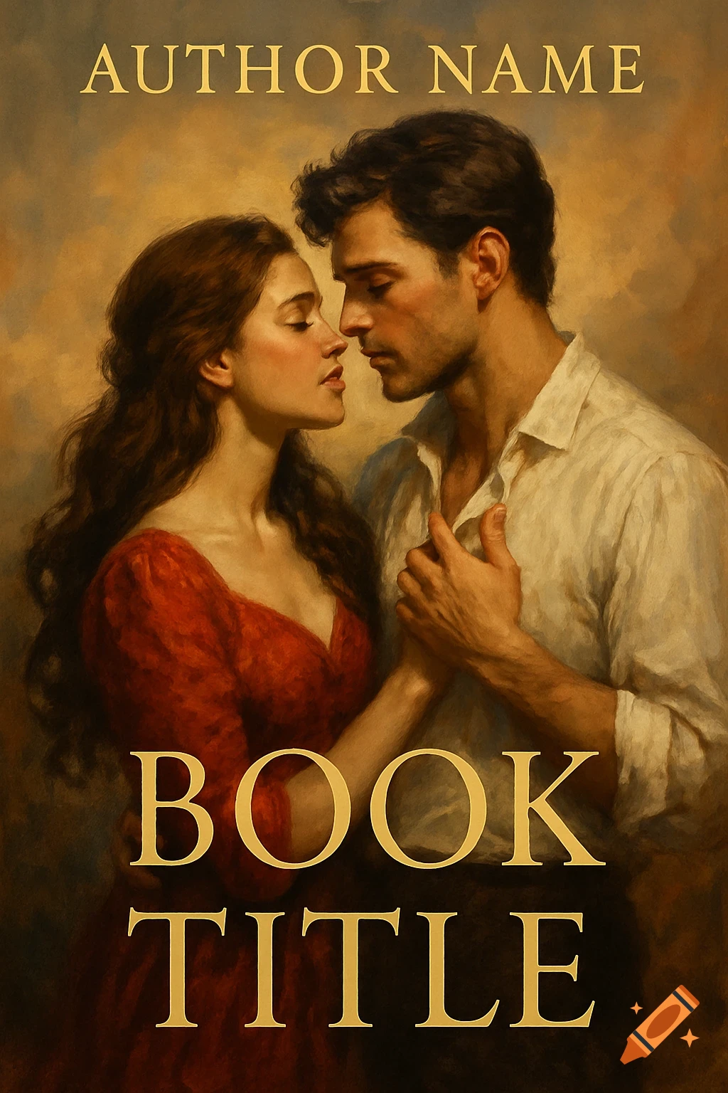 Painting of a romantic couple embracing, with book cover text ...