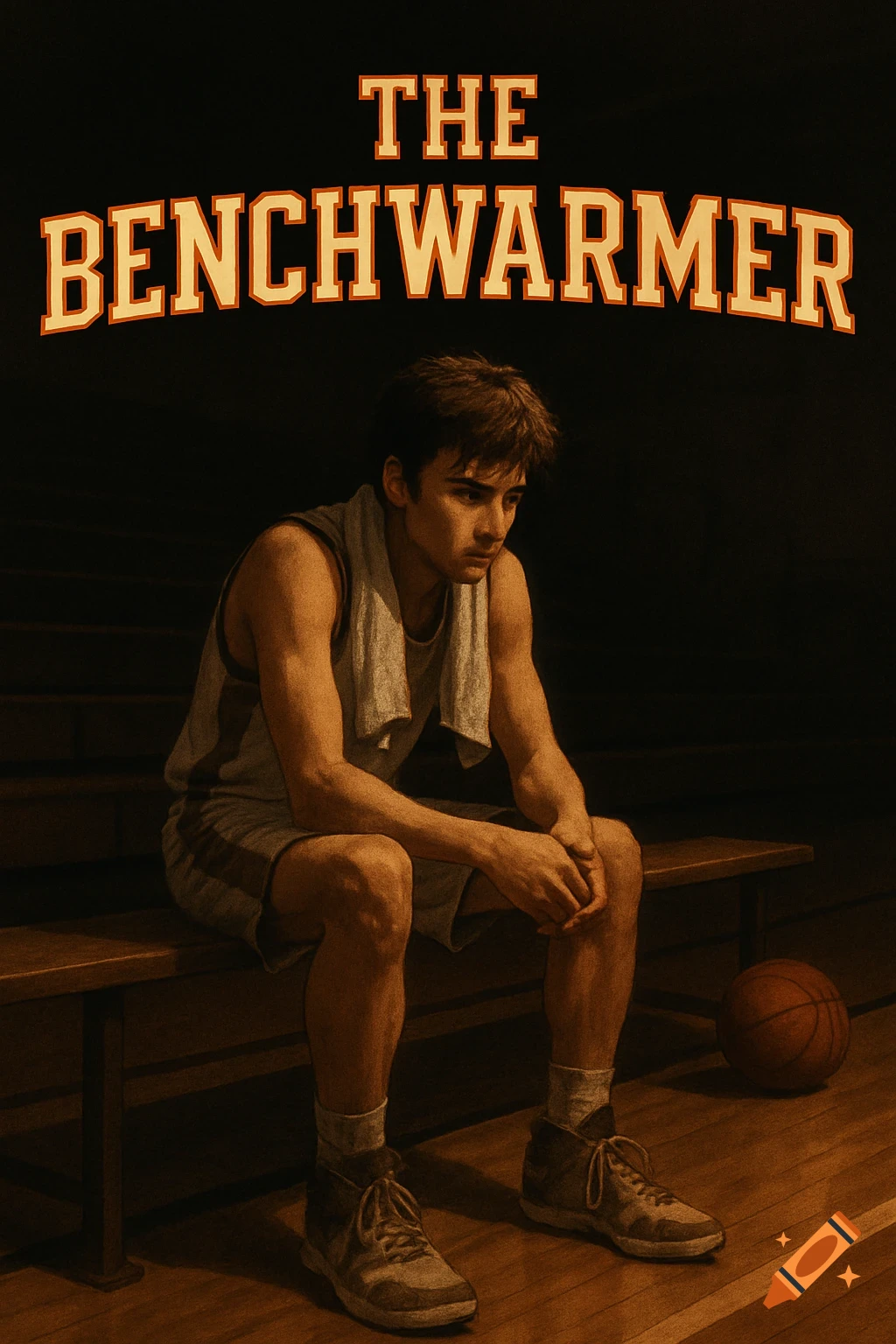 Teenage boy in basketball uniform on a bench in a dim gym, with 'THE ...