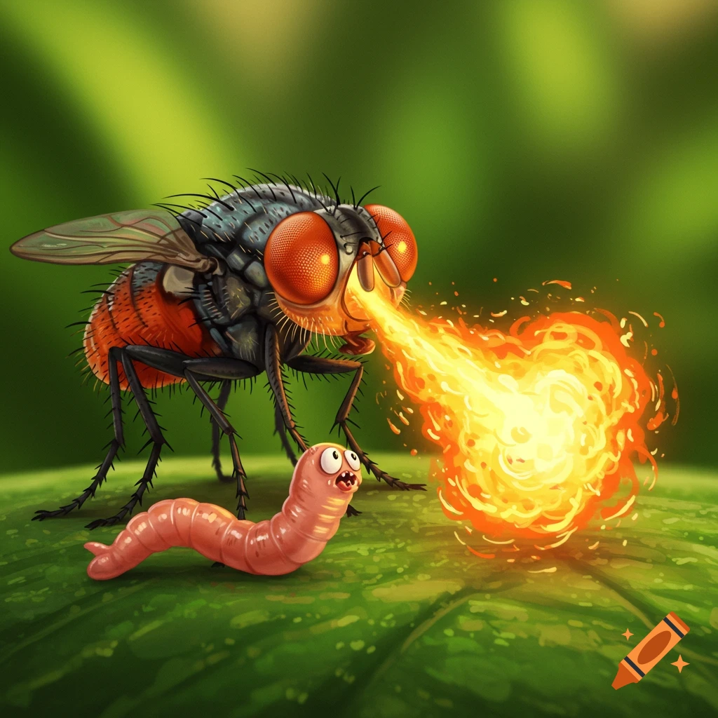 Cartoon fly spits fire at a scared worm on a leaf. on Craiyon