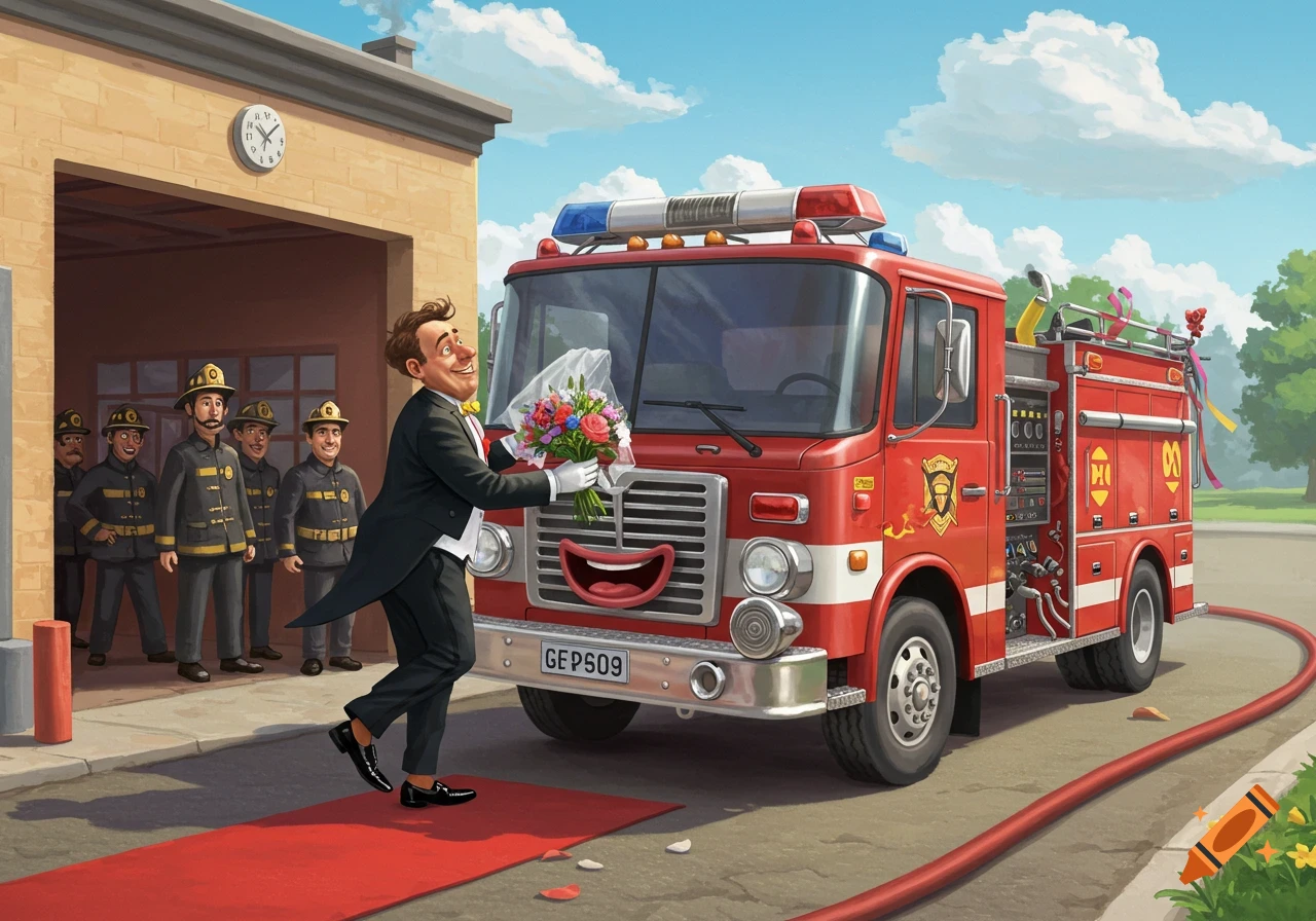 Illustration of a man in a tuxedo giving flowers to a red fire truck ...