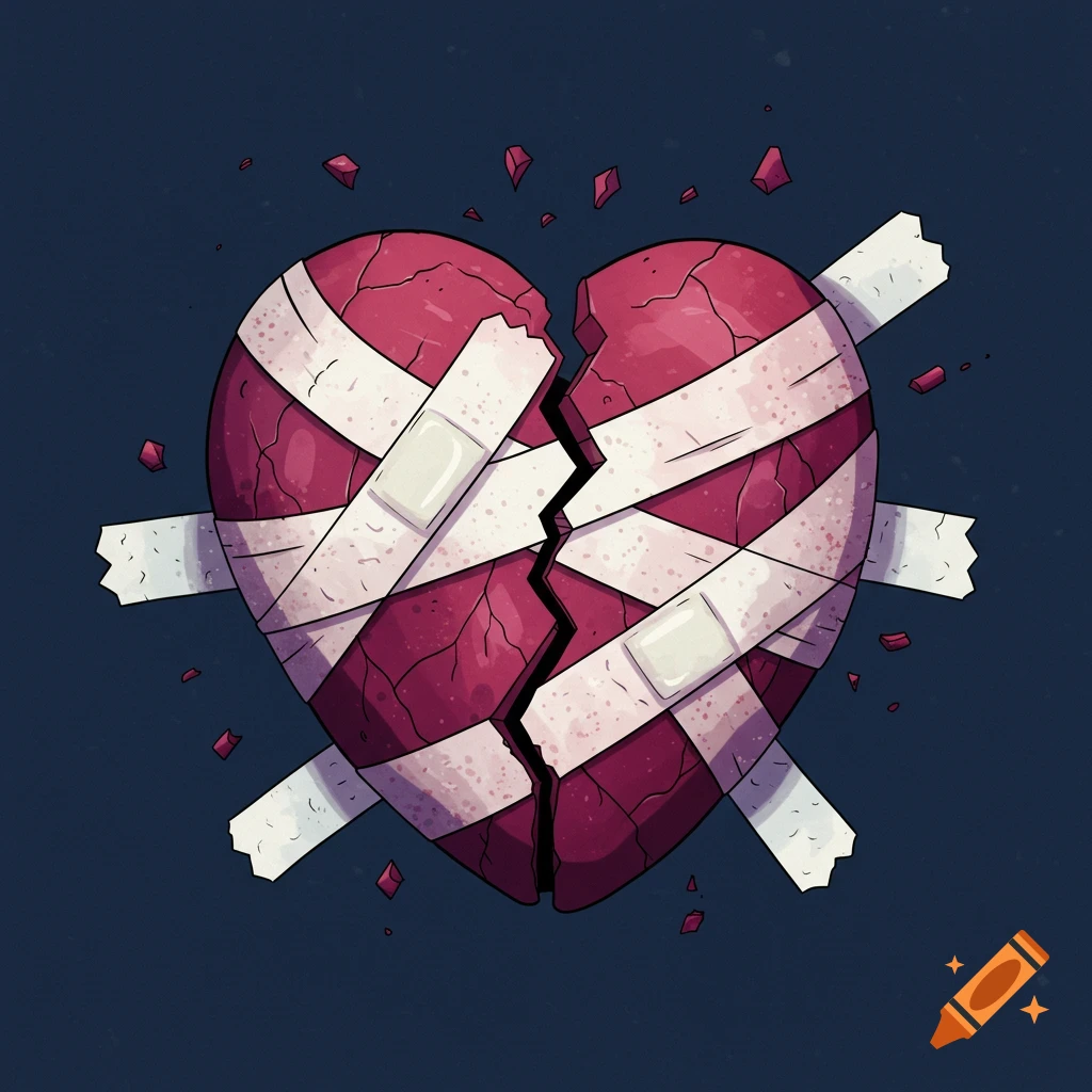 A stylized illustration of a broken heart wrapped in bandages. on Craiyon