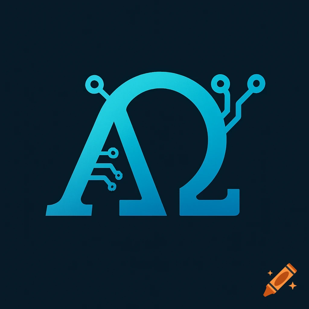 Blue stylized logo with Alpha and Omega symbols integrated with circuit ...