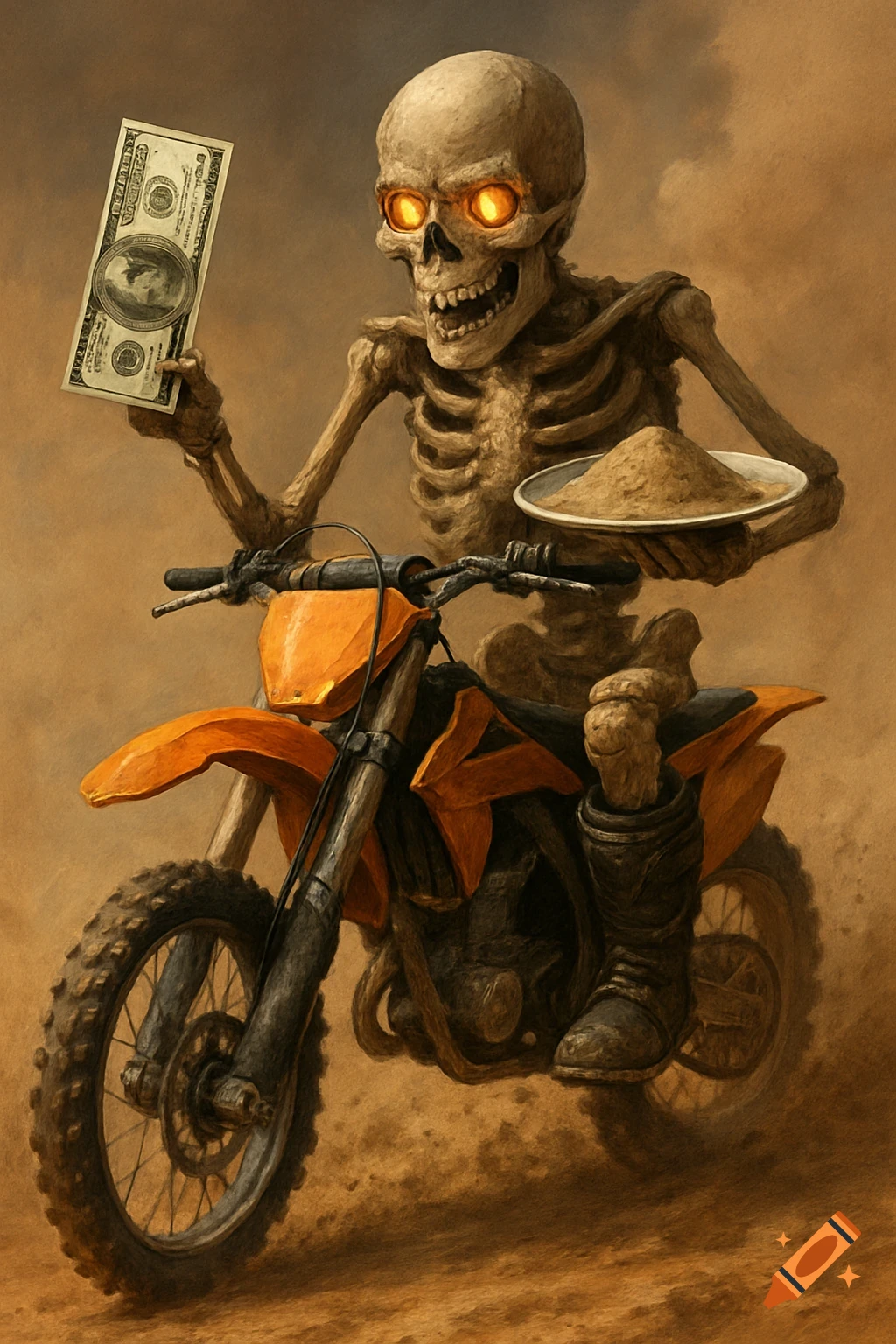 A skeleton with glowing eyes rides a dirtbike, holding a dollar bill ...