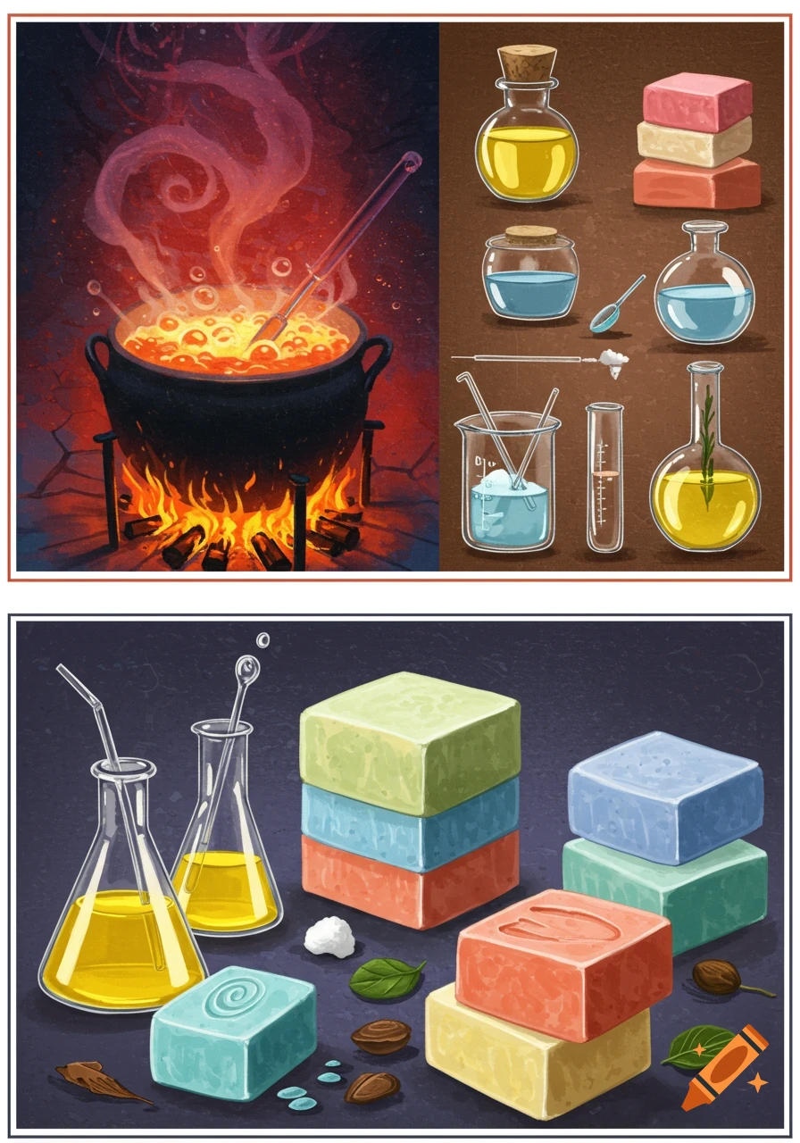 Illustration showing a bubbling cauldron over a fire and various ...