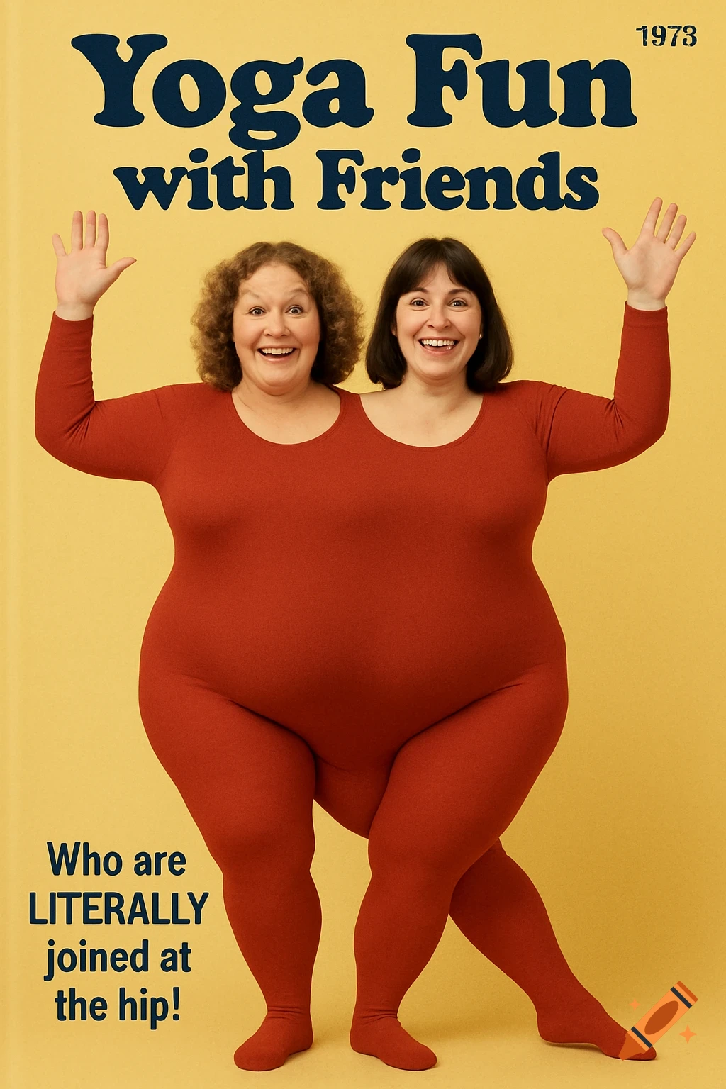 Two women fused into one body in red yoga wear, smiling on yellow ...