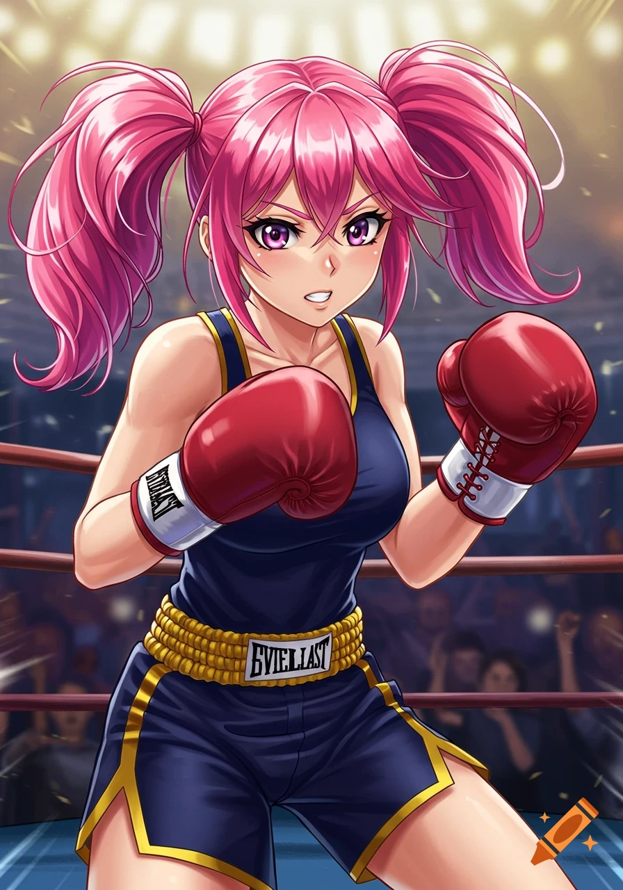 Anime girl with pink pigtails boxing in a ring on Craiyon