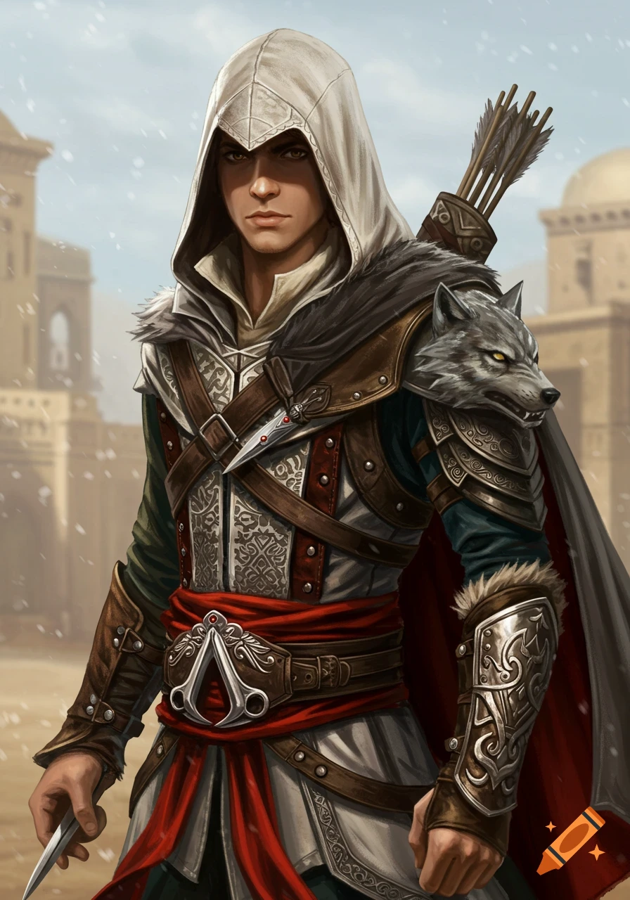 Digital painting of a male character in fantasy assassin armor with a wolf pauldron in a snowy ...