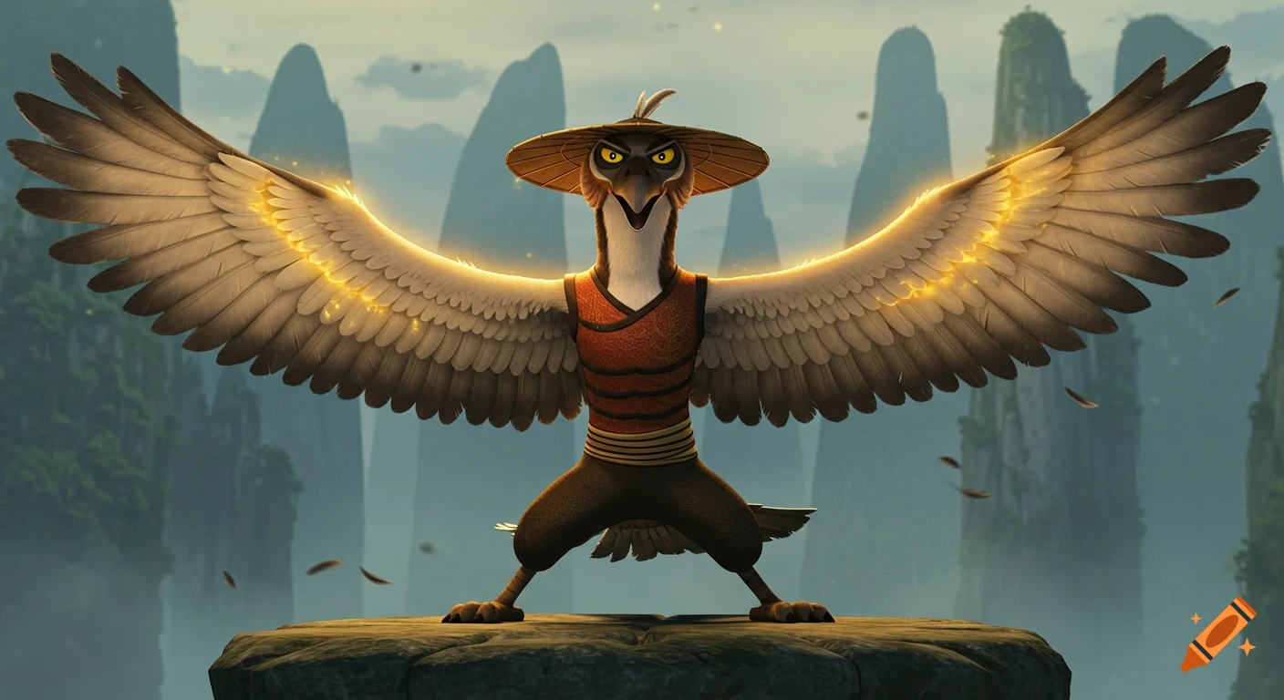 The animated character Crane from Kung Fu Panda stands powerfully on a ...