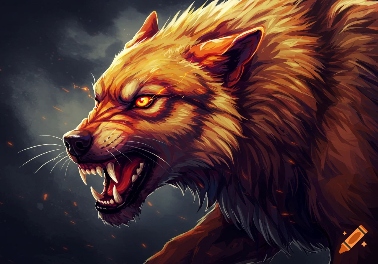 Stylized close-up of an angry wolf or fantasy creature with glowing ...