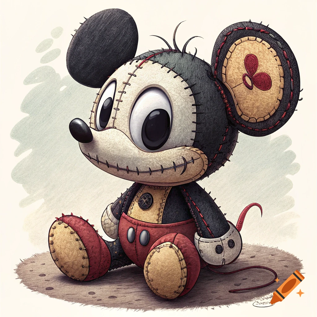 A stylized illustration of a stitched-up, doll-like Mickey Mouse ...
