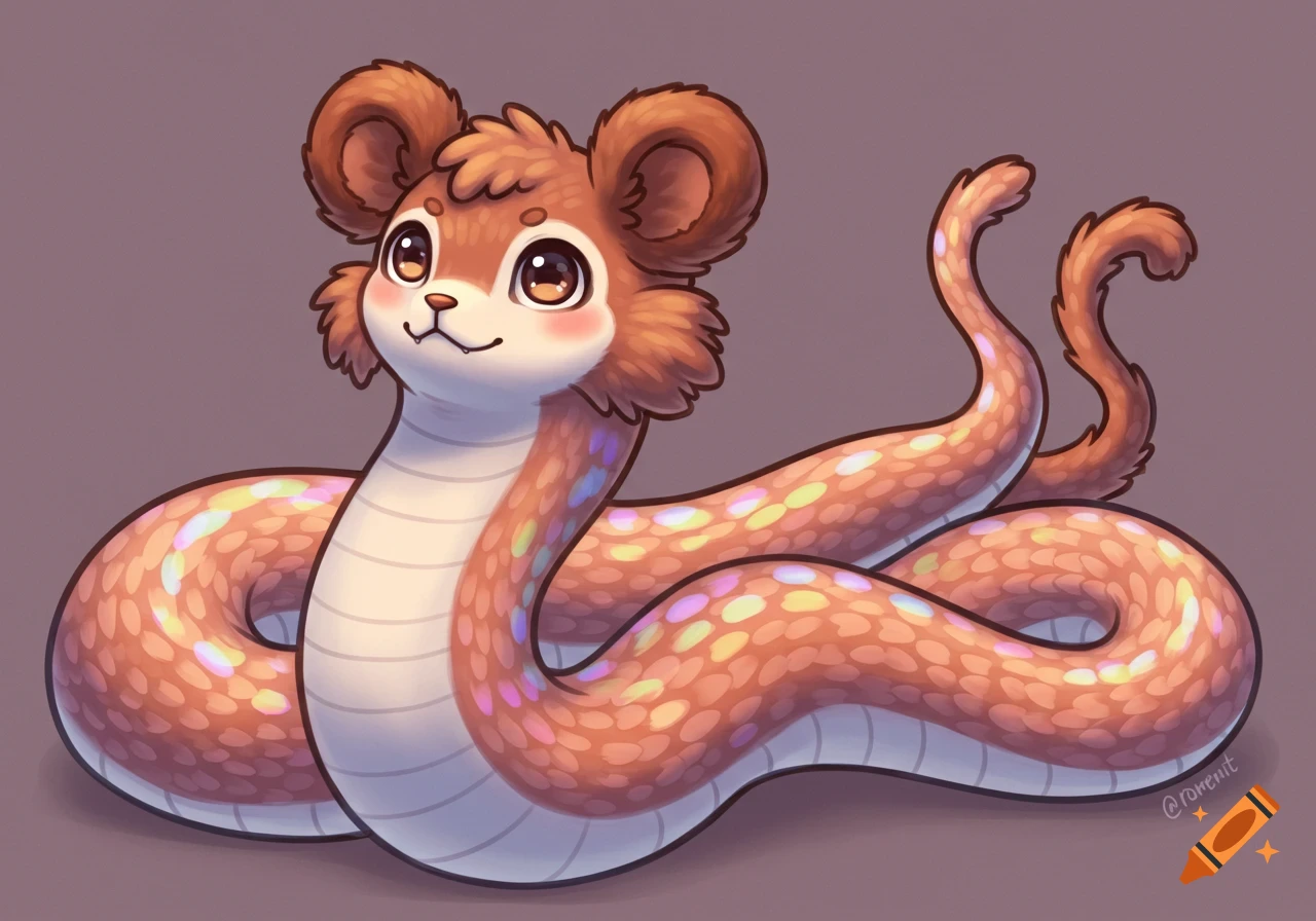 A cute cartoon fantasy creature with a brown snake body, bear ears, and ...