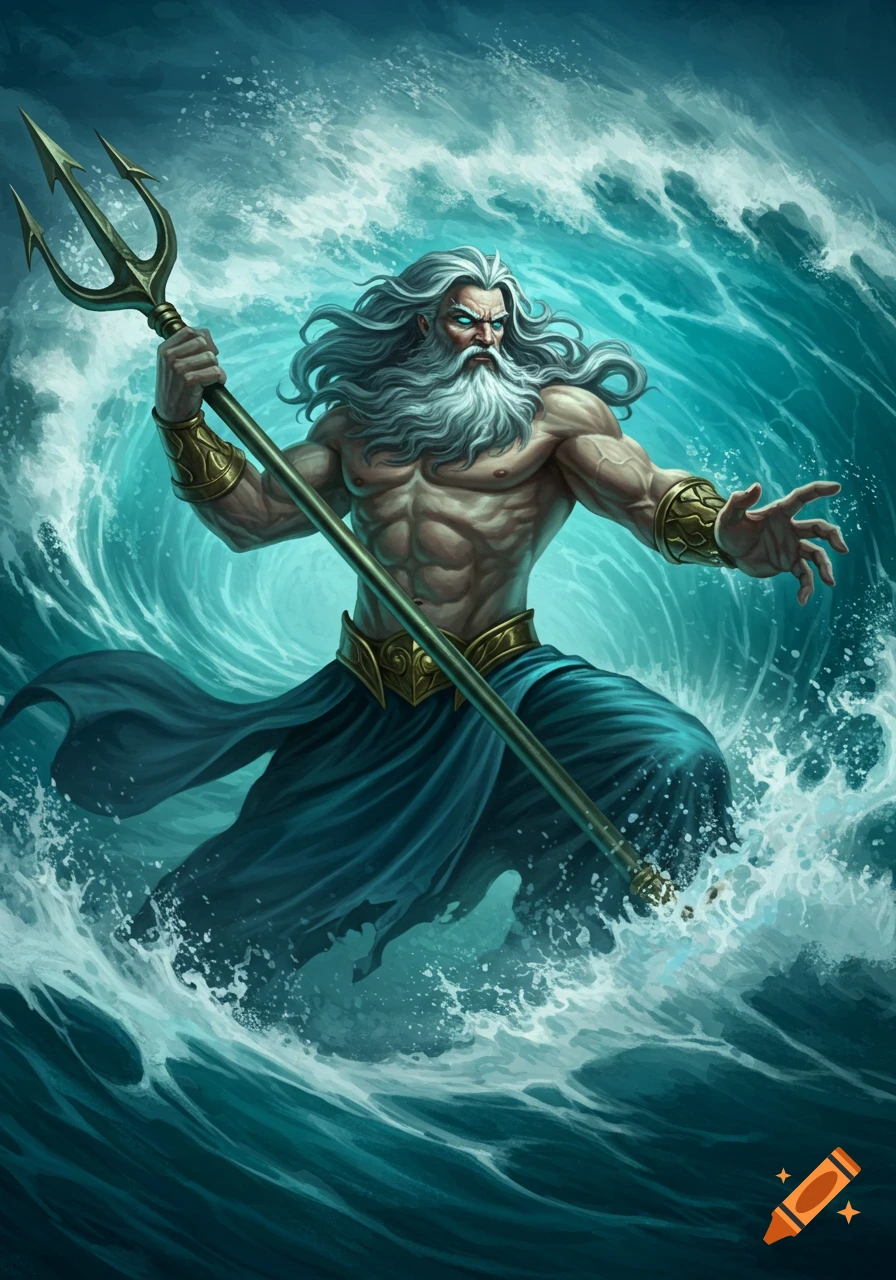 Illustration of a muscular man with a beard (Poseidon) rising from ocean waves, holding a ...