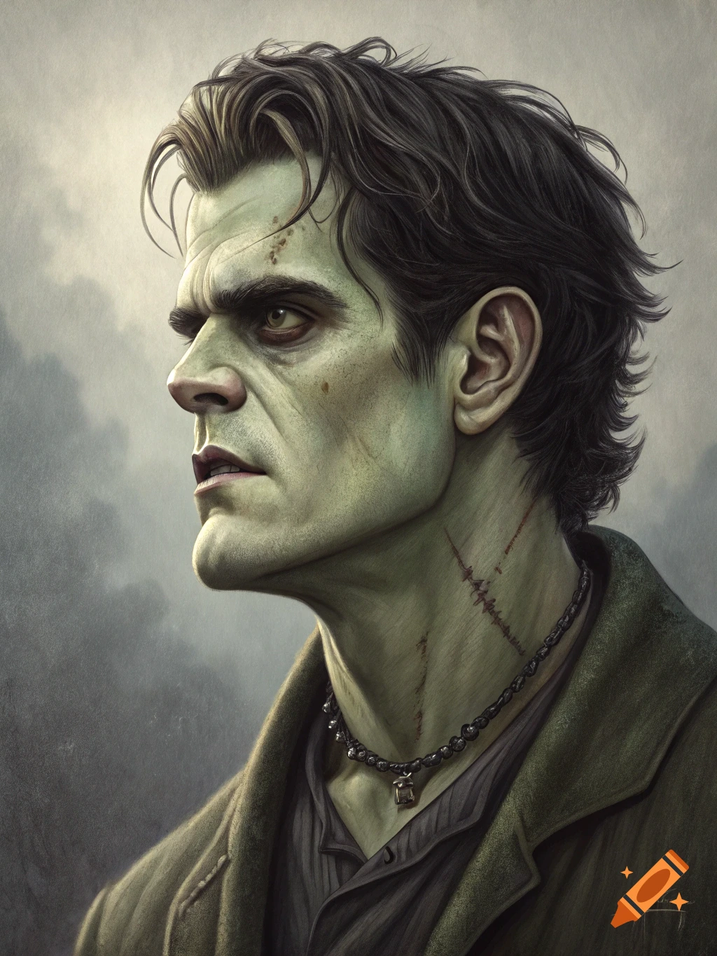 Dramatic portrait of Frankenstein's monster with green skin, scars, and ...