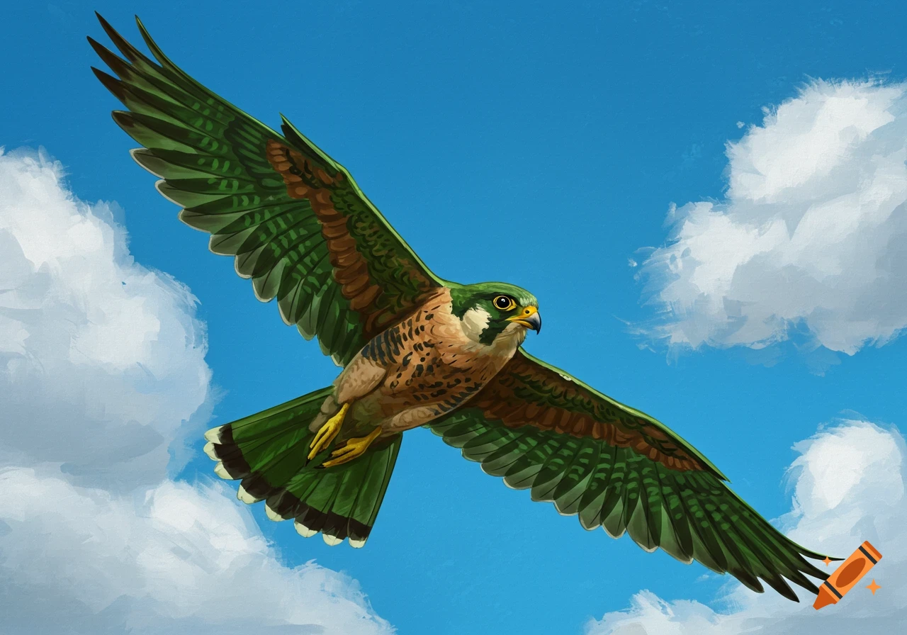 Illustrative image of a green and brown falcon flying on Craiyon