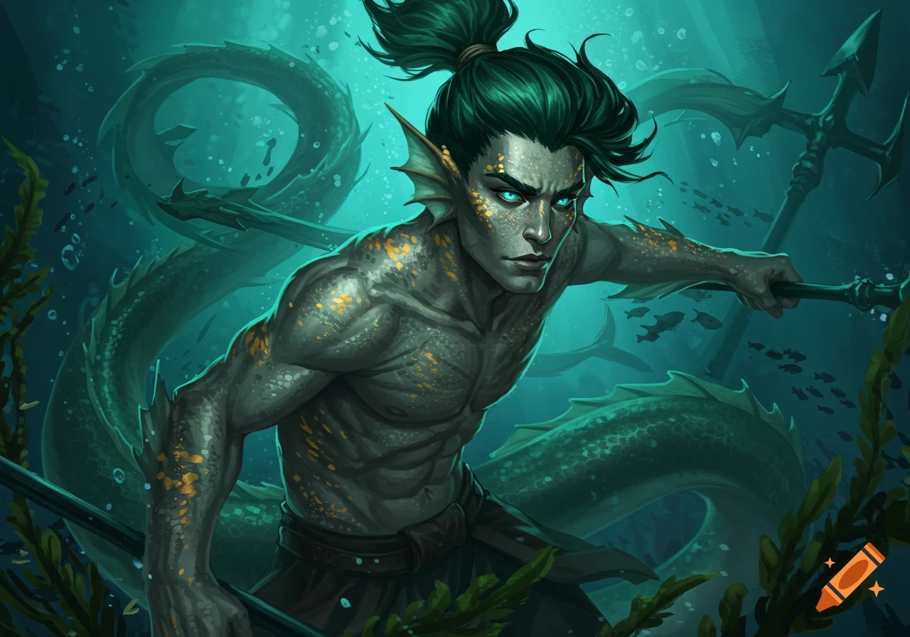 A male sea creature with green skin and gold scales, holding a trident ...