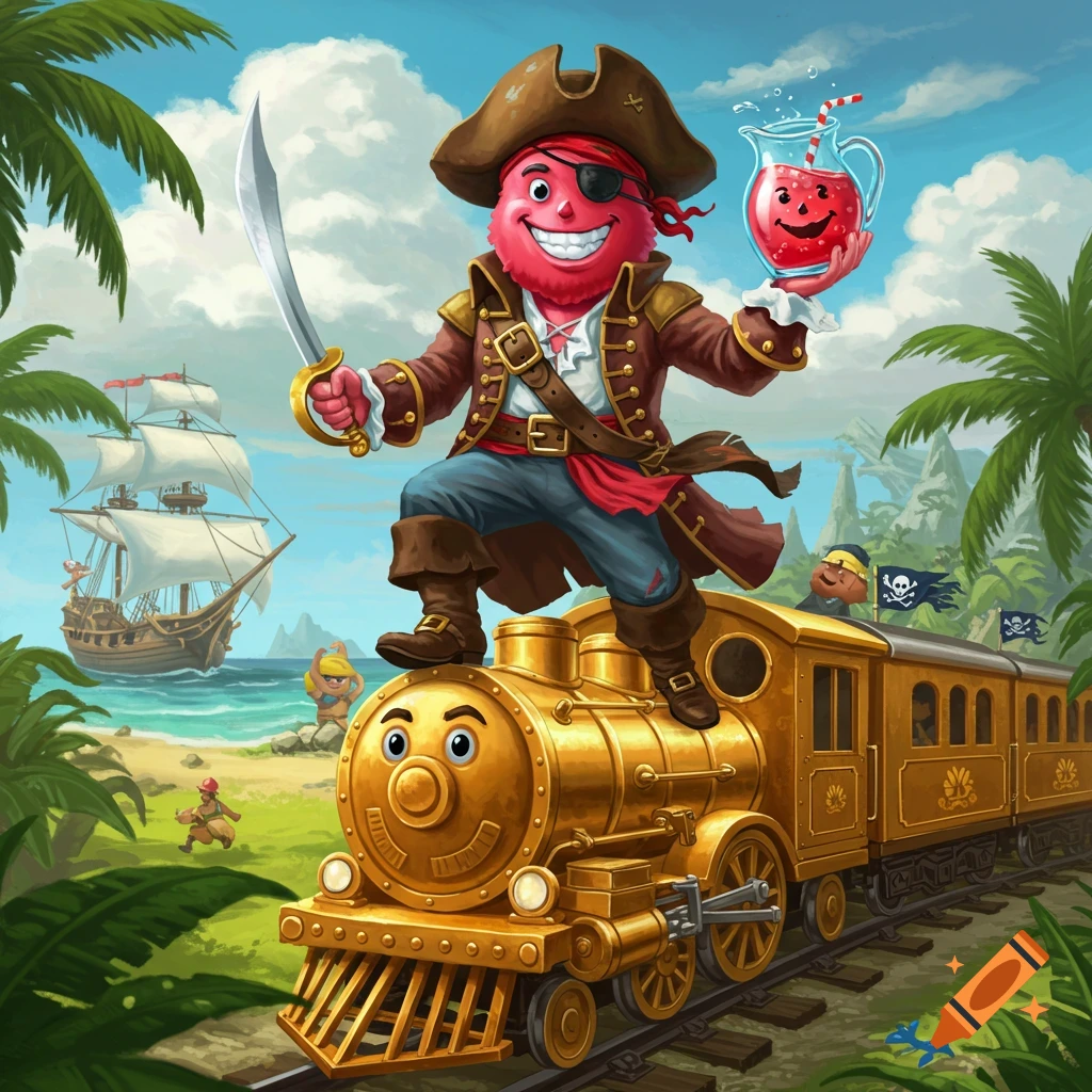 Pirate Kool-Aid Man rides a golden train on a beach with a ship. on Craiyon