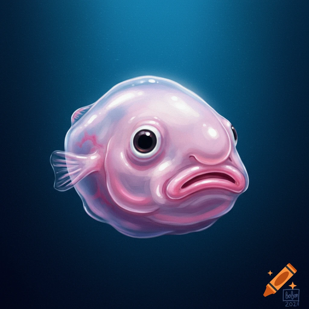 Illustration of a translucent pink blobfish floating in blue water on ...