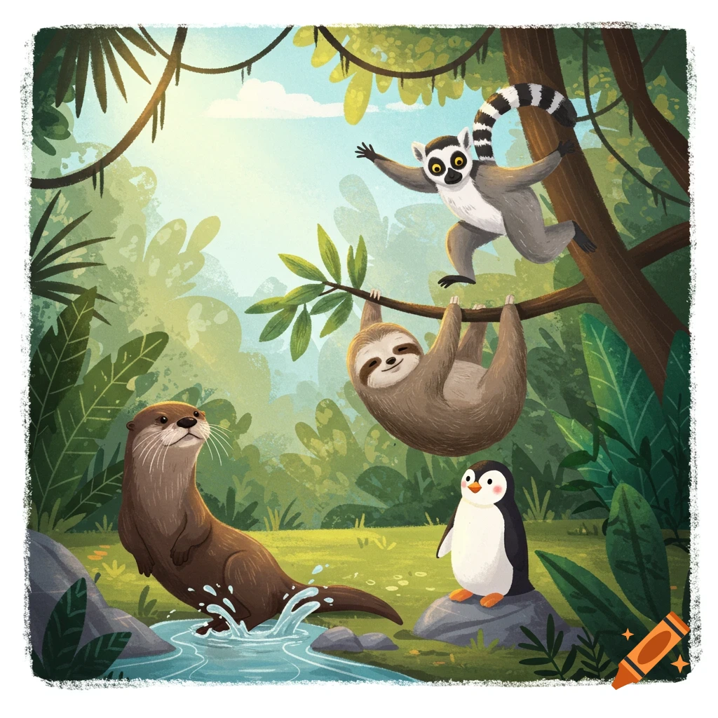 Illustration of an otter, sloth, penguin, and lemur in a jungle scene ...