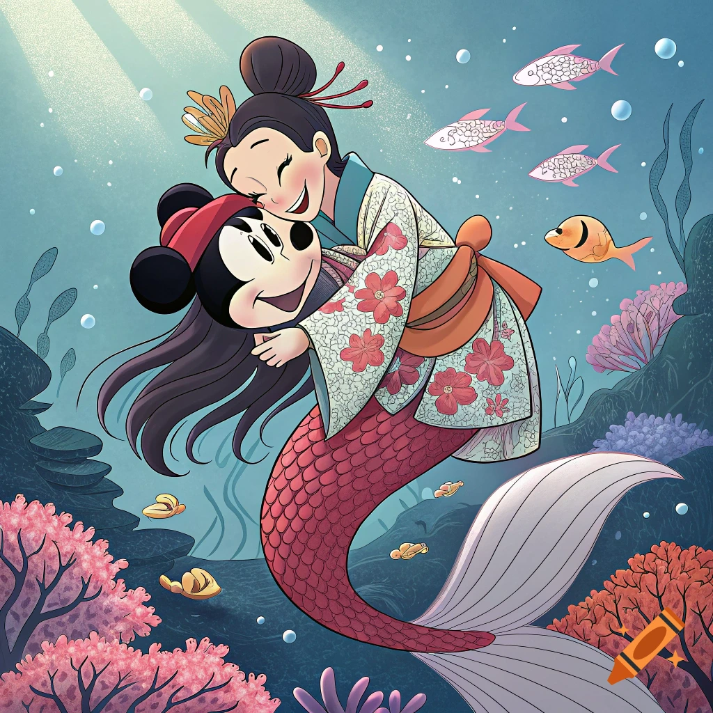 A Japanese-style mermaid hugs Mickey Mouse underwater. on Craiyon