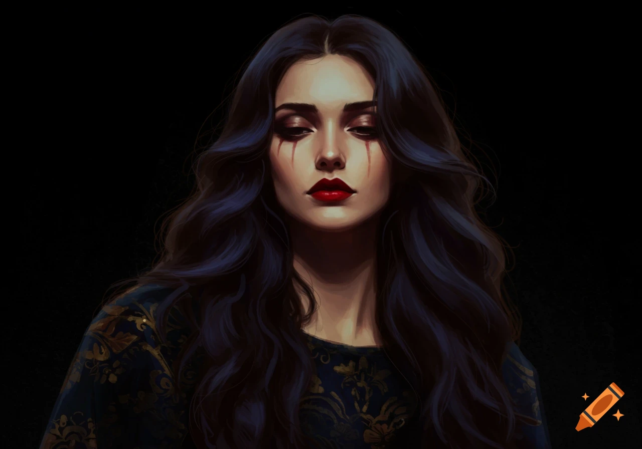 Illustrative portrait of a woman with long dark hair, red lipstick, and ...
