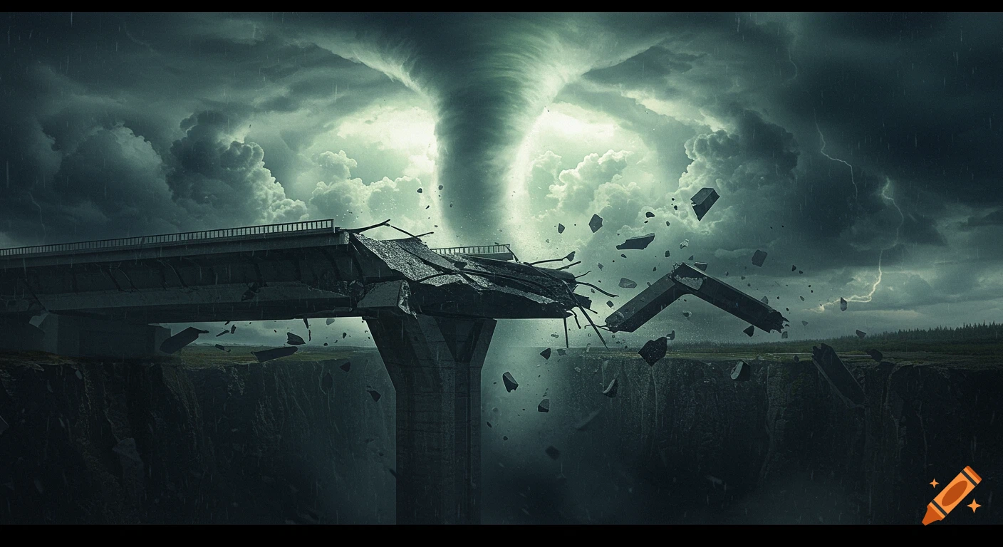 A broken highway bridge is torn apart by a large tornado under a stormy ...