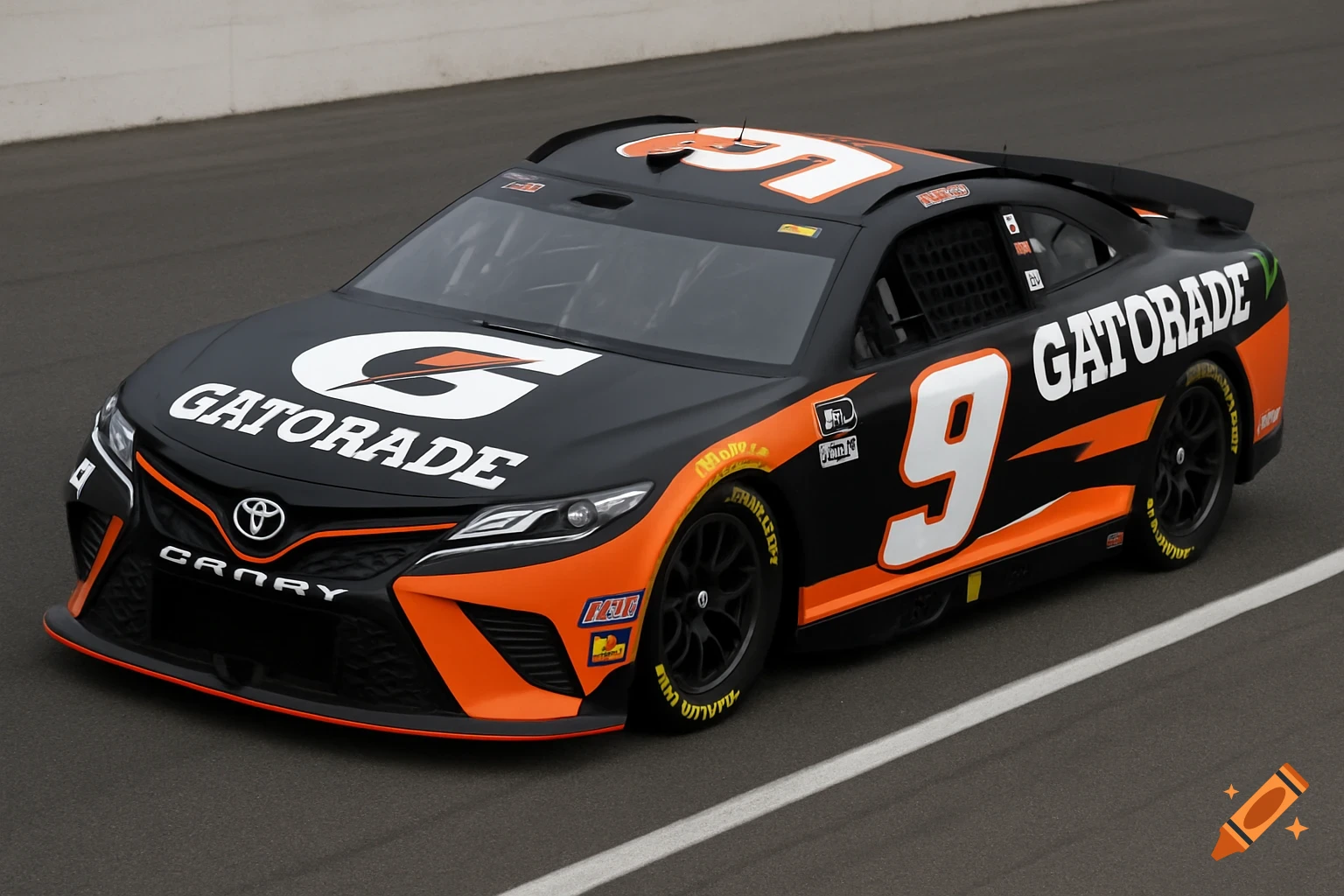 Black and orange Gatorade-sponsored NASCAR race car #9 on a track. on ...