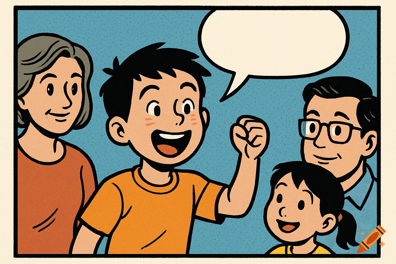 Comic book style illustration of an excited boy with a speech bubble ...