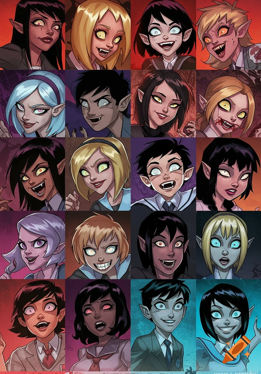 Grid of cartoon portraits of evil characters with pointy ears and fangs ...
