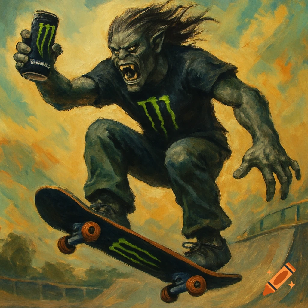 A creature with sharp teeth and claws, wearing a Monster Energy shirt ...