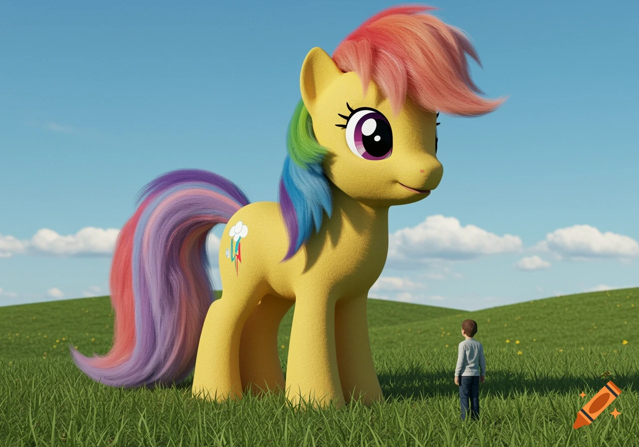 A giant yellow pony with rainbow mane and tail stands in a field ...