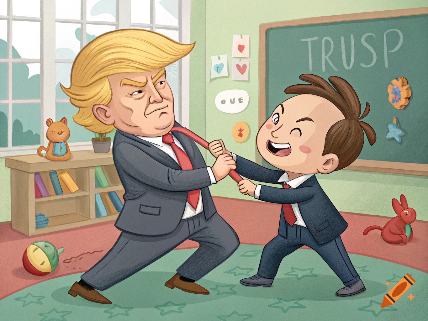 Cartoon illustration of Trump and Musk as kindergarten kids fighting ...